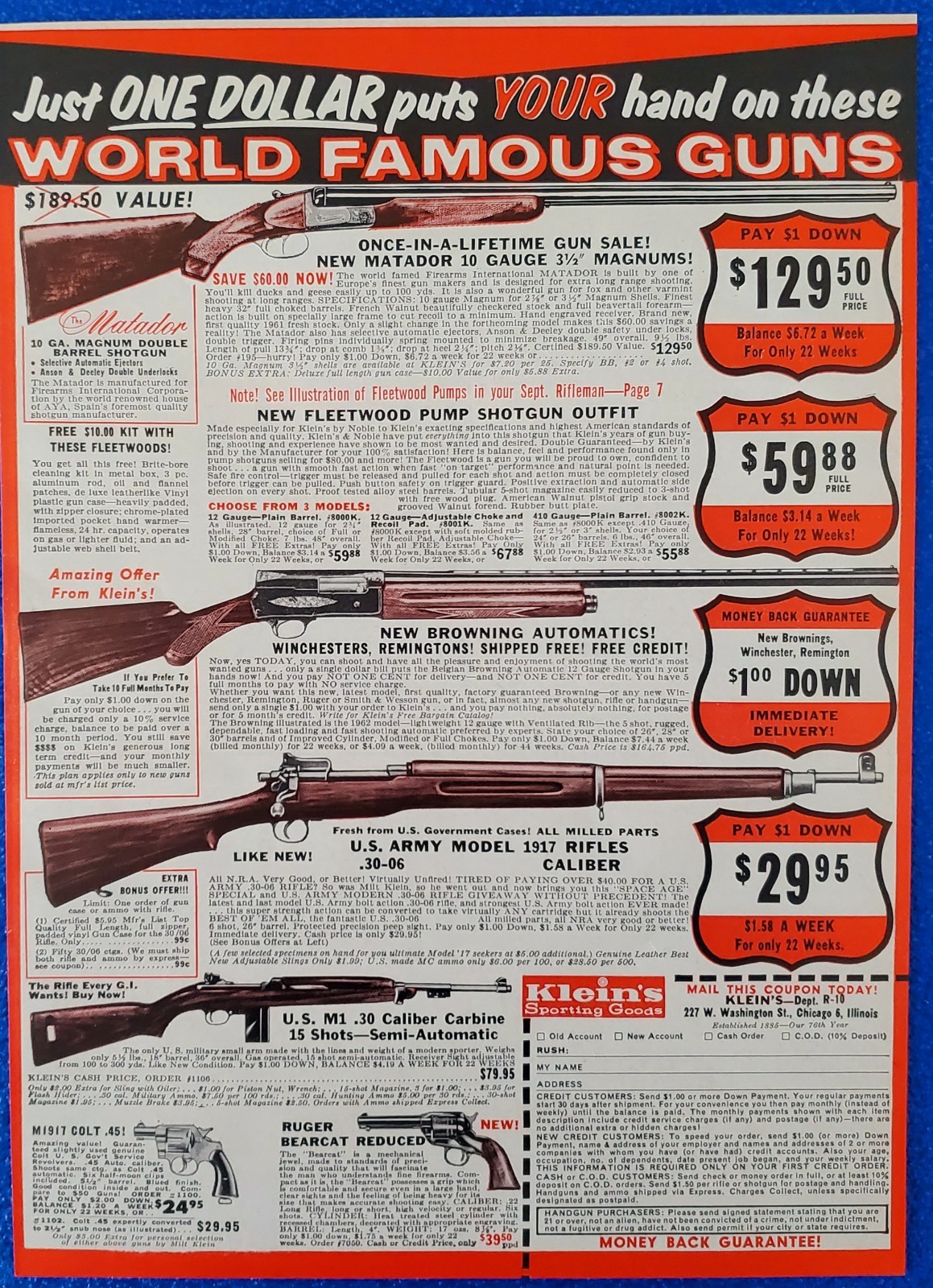 1961 KLEIN'S $1 DOWN MILITARY SURPLUS FIREARM FAMOUS SALE DISTRIBUTOR ...
