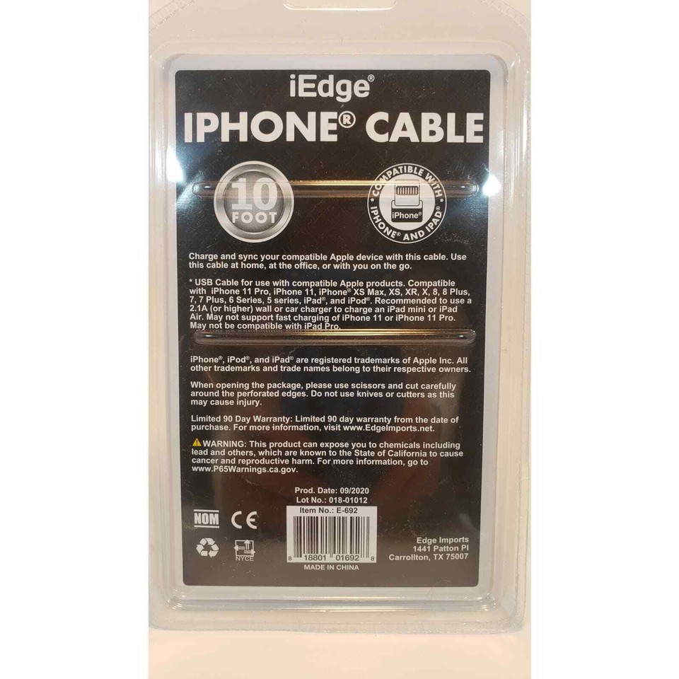 iEdge E-692 USB Cable Compatible With iPhone Plus iPad Color White 10 ...