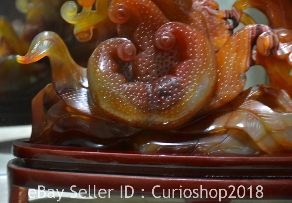 12" Chinese Natural Agate Carnelian Carved Flower Ru Yi Wealth Statue ...