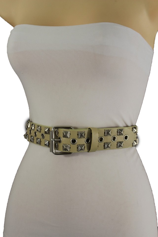 Women Men Beige Punk Rocker Fashion Belt Silver Studs Holes Basic Style ...