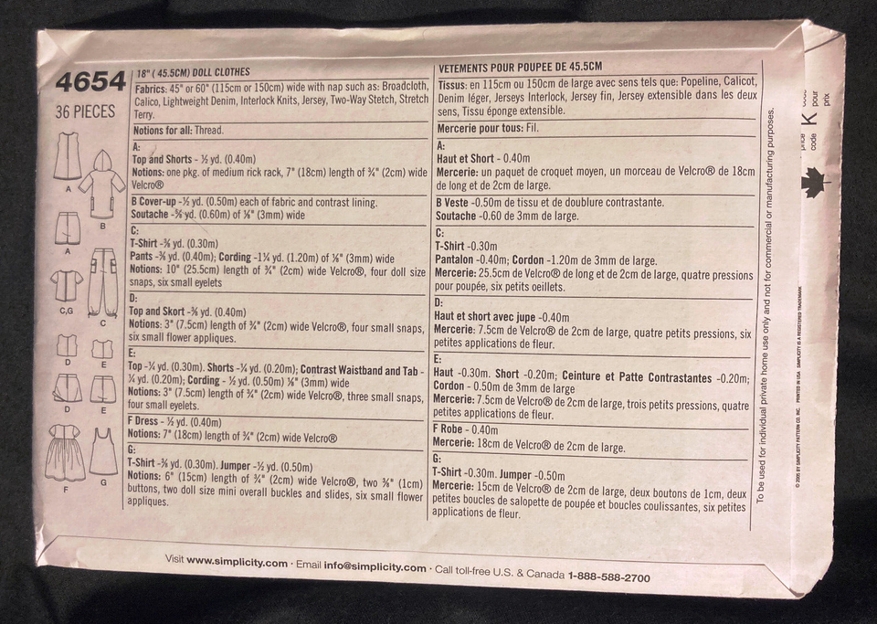 Simplicity 4654 18 Inch Doll Clothes Sewing Pattern Shorts Tops Dress ...