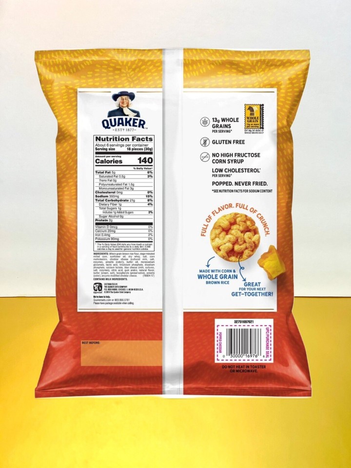 〽️ New Quaker Cheddar Rice Crisps Gluten Free 13 Grams Whole Grains Bag ...