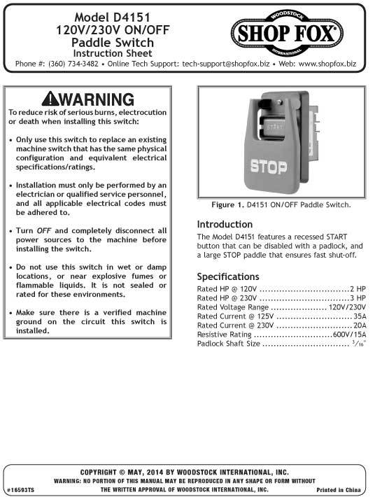 Shop Fox Safety Paddle START / STOP Switch For 110/220V 35/20A ...