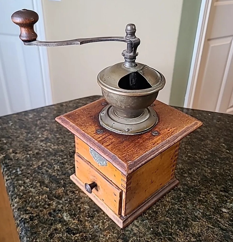VTG German Coffee Grinder Geschmiedetes Mahlwerk Wood Brass Copper Hand ...