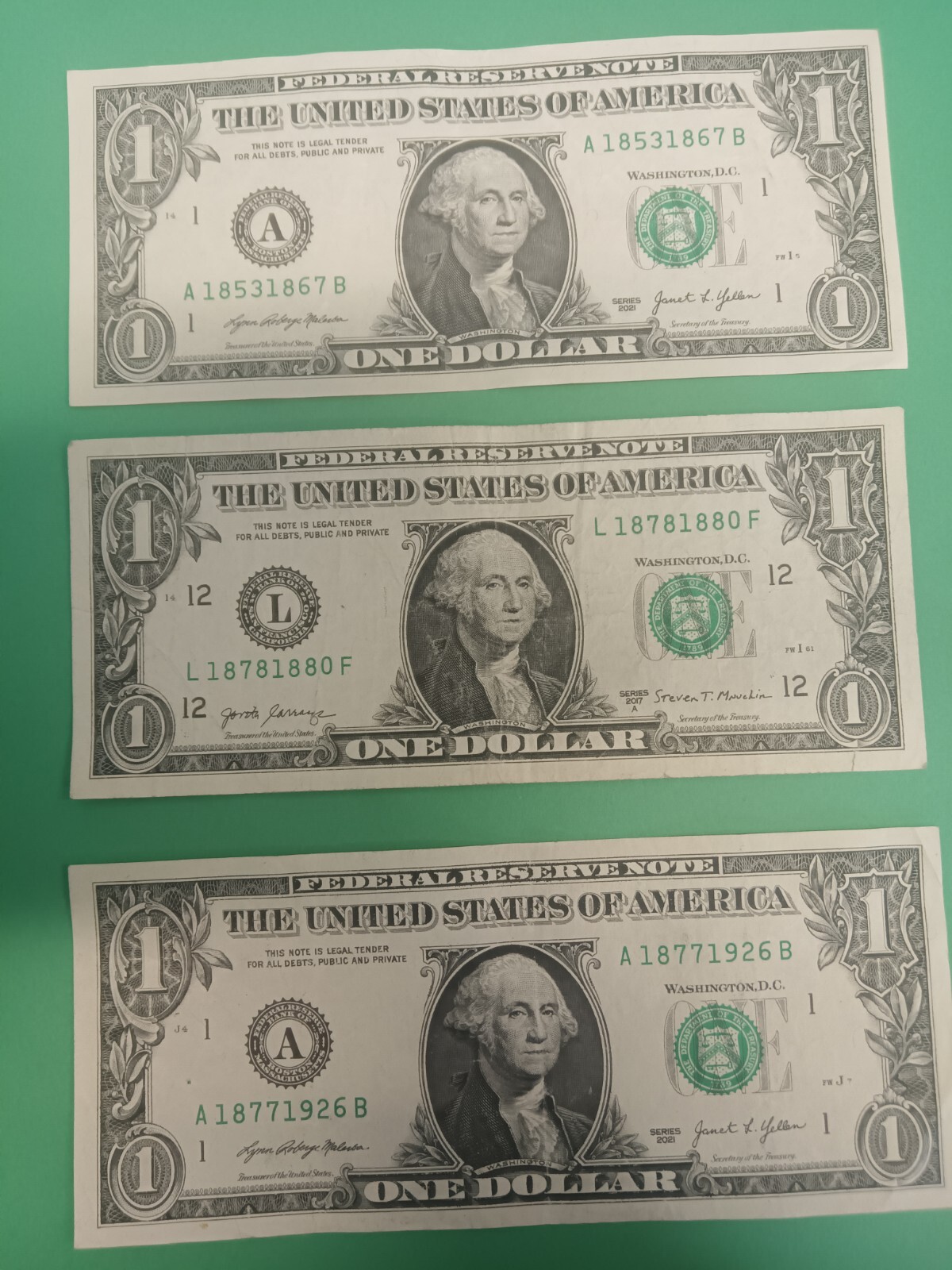 (3) US $1 Dollar Bill Double Date / Tombstone Notes Fancy Serial Number ...