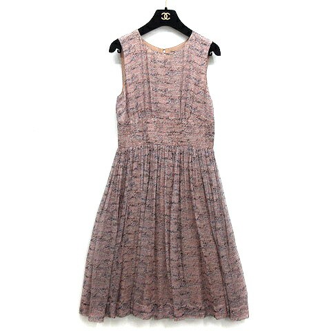 Used Chanel Silk Chiffon Cursive Logo Print Dress Sleeveless Pink 36 ...