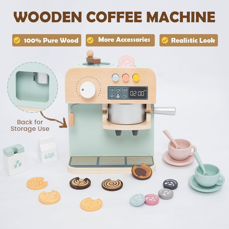 Kids Coffee Maker Playset, 23PCS Wooden Kitchen Toys, Play Kitchen ...