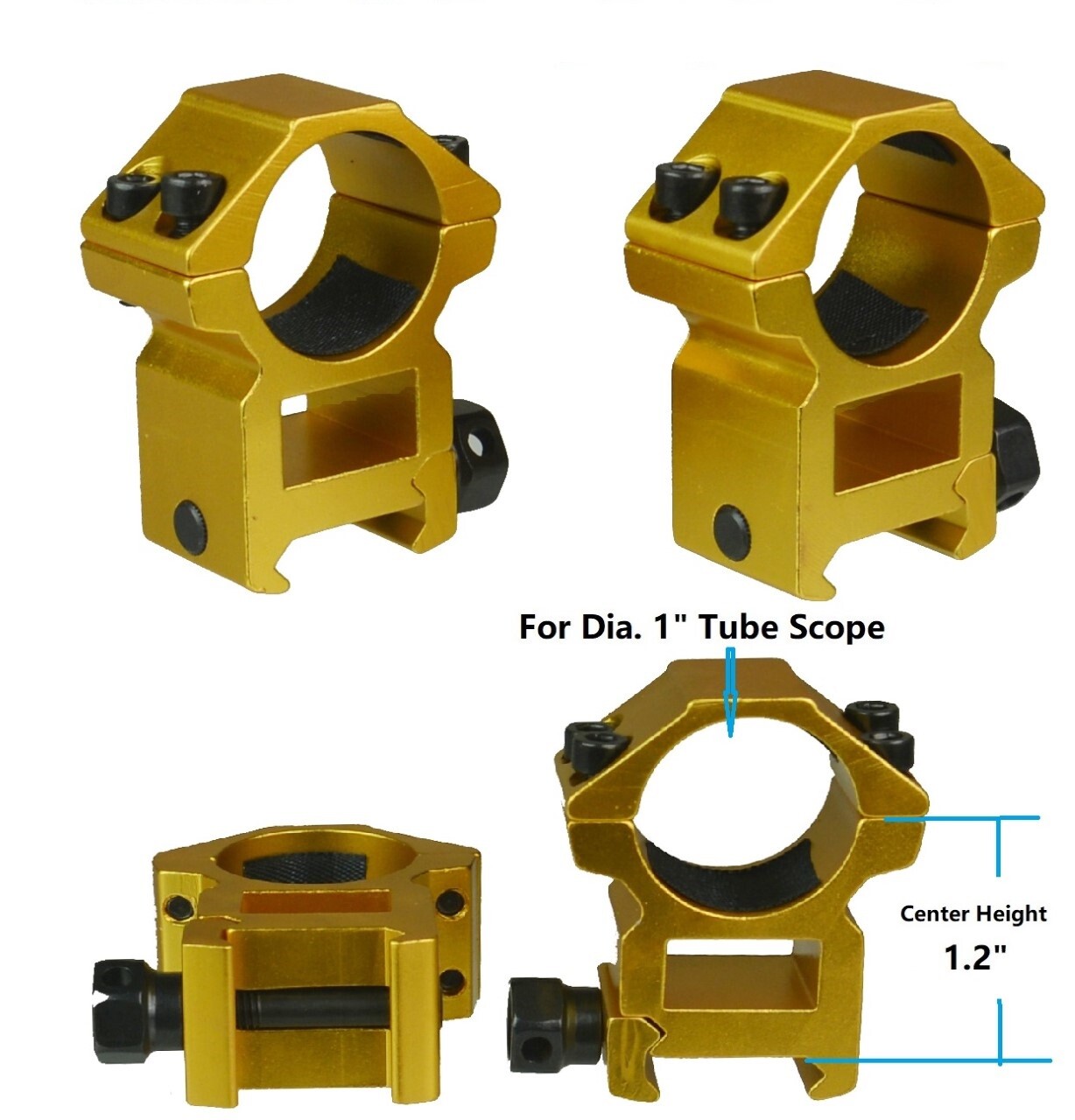 Scope Rings 1" Inch High Rise Heavy Duty Gold Aluminum Fits Weaver ...