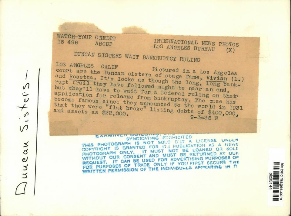 1935 Press Photo Los Angeles, Calif.-The Duncan sisters, Vivian and ...