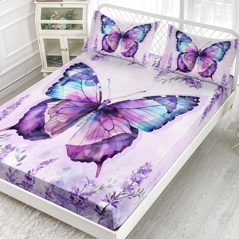 Butterfly Fitted Sheet Set Full Size for Kids, Girls Lavender Butterfly ...