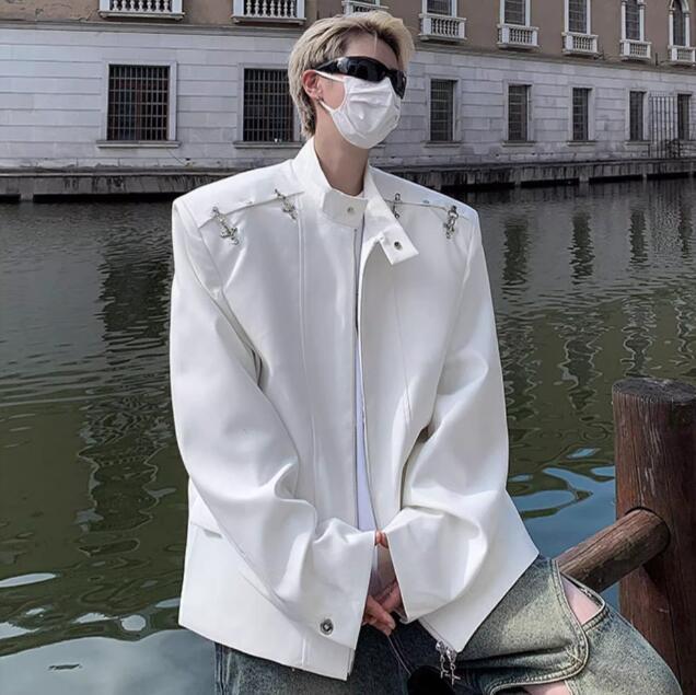 Men's Autumn New Fashion Stand Collar Long Sleeve Loose Metal Decor ...