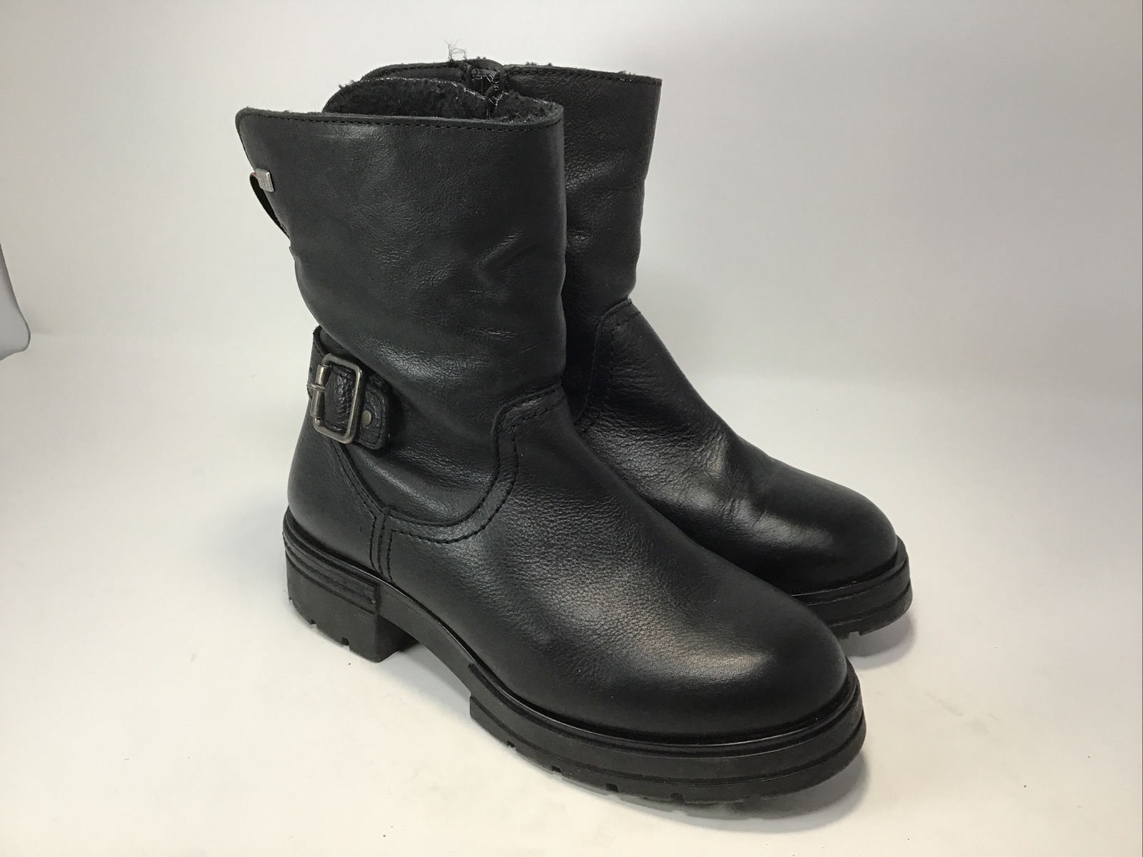 Musse And Cloud Black Leather Moto Biker Chunky Heels Lined Size 37 US ...