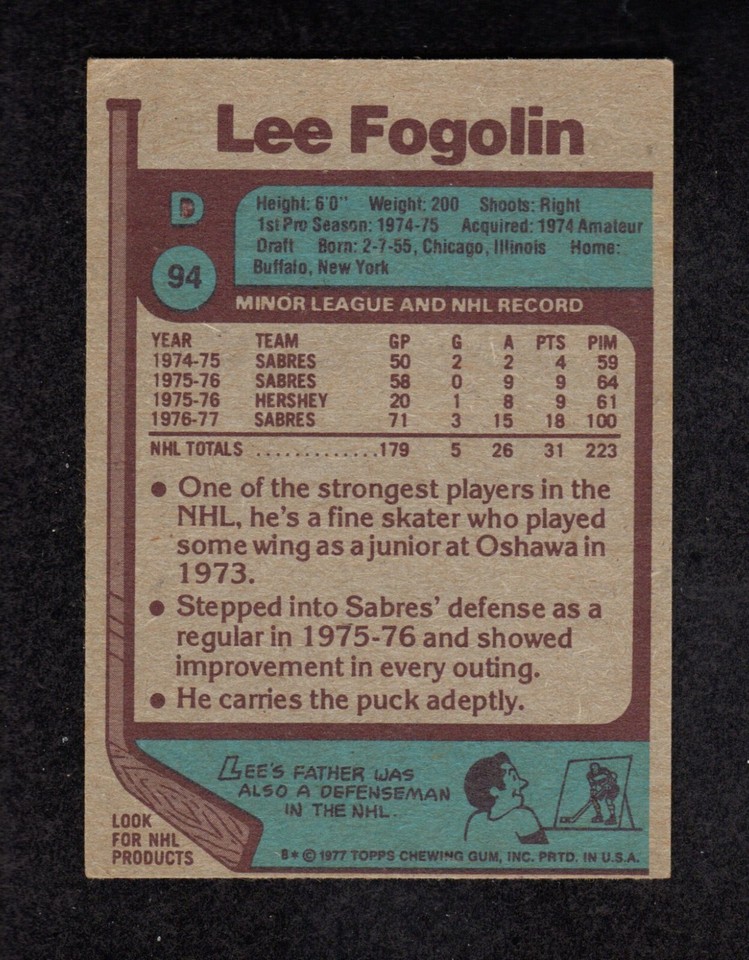 1977-78 Topps #94 Lee Fogolin Buffalo Sabres NHL Hockey Card EX/MT ...