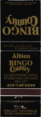 Etobicoke Ontario Canada Albion Bingo Country Vintage Matchbook Cover ...