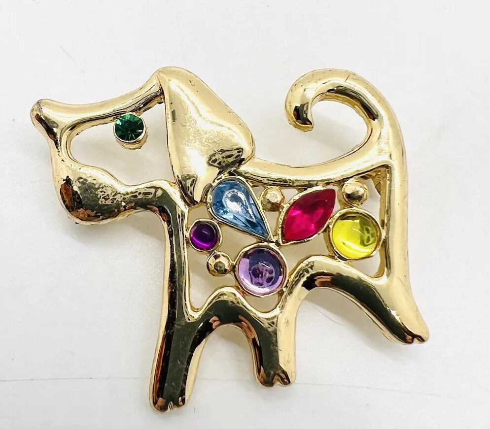 Stylized Multi Colored Jewel Tone Rhinestone Figural Dog Brooch Vintage ...