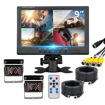 9" QUAD MONITOR SPLIT SCREEN 2x REAR VIEW BACKUP CCD CAMERA Kit FOR BUS ...
