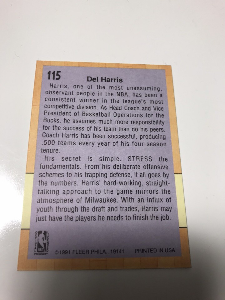 1991-92 Fleer Milwaukee Bucks Basketball Card #115 Del Harris Coach NM ...