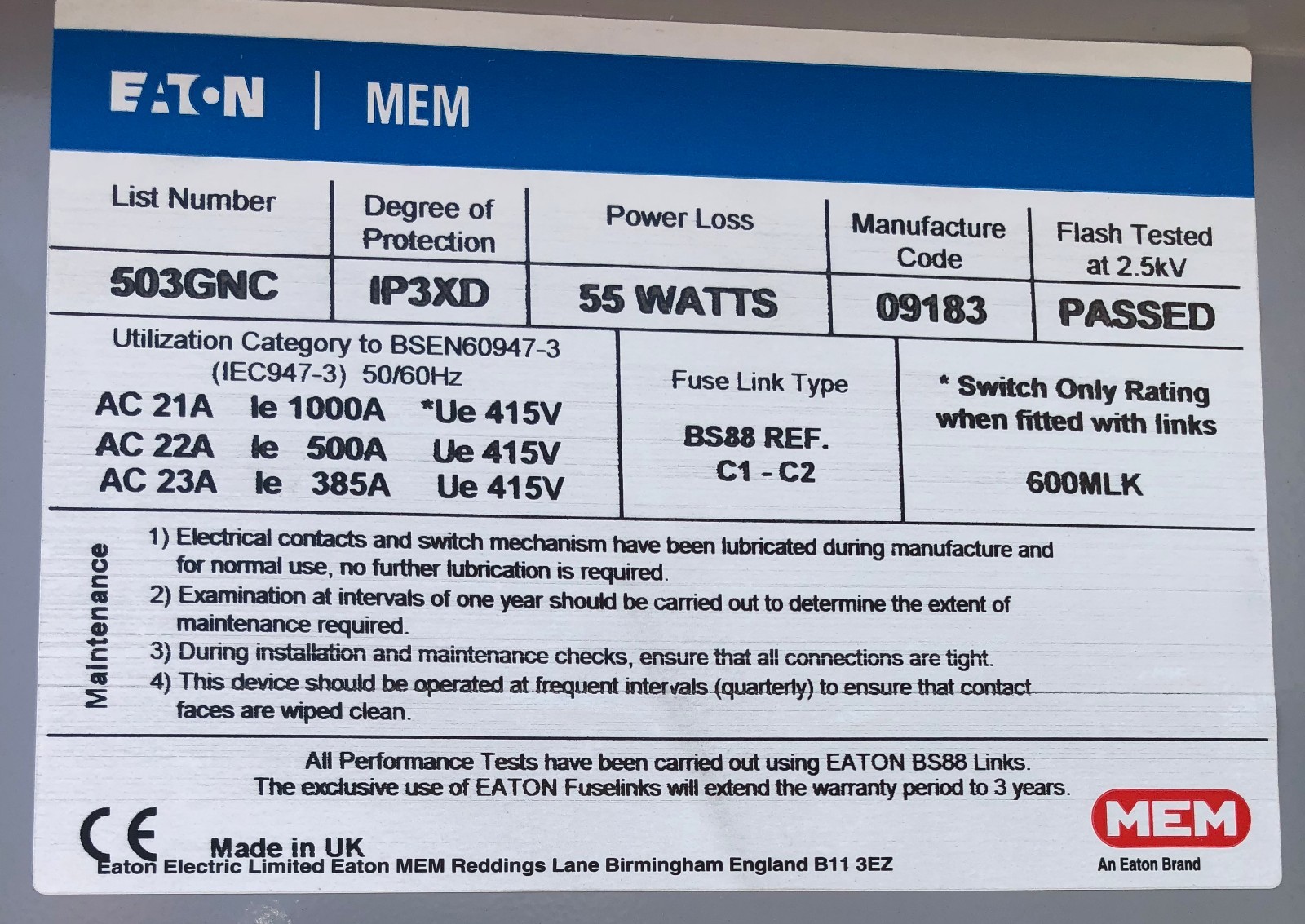Eaton MEM Glasgow 503GNC Fuse Switch Disconnector 600a 600 Amp Fuse ...