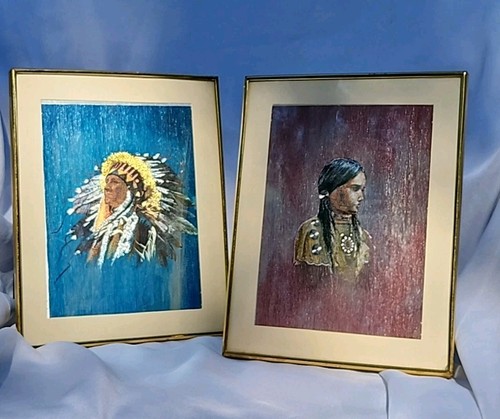 Vintage Native American Indian Litho Foil Art 2 Framed Matted Prints 8 ...