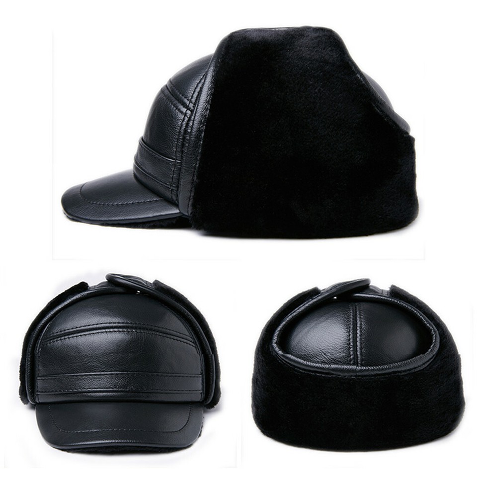 Men's Genuine Leather Winter Warm Trapper Warm Hat Baseball Cap Outdoor ...
