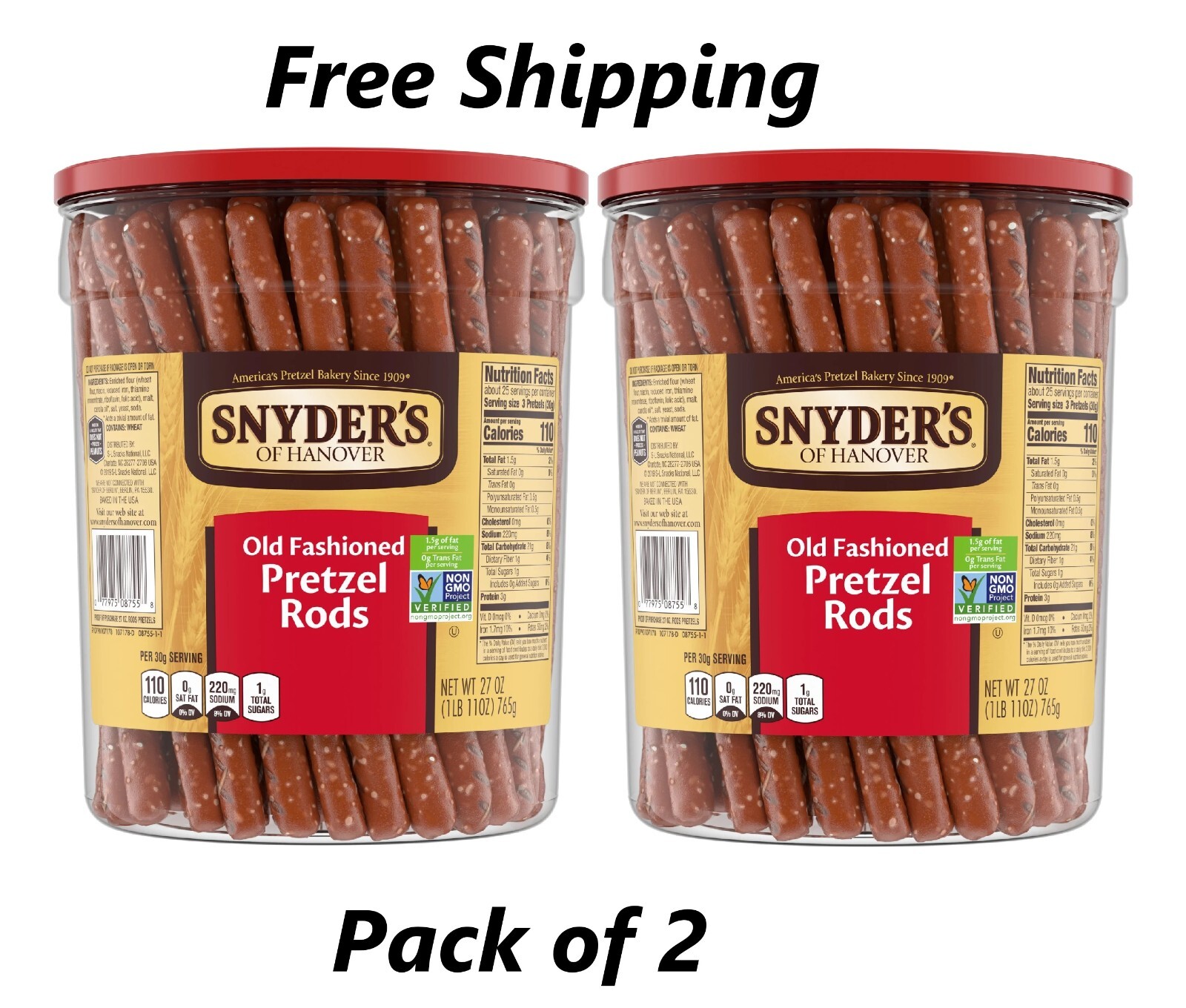 Snyder's of Hanover, Old Fashioned Pretzel Rods, 27 oz Canister 2 Pack ...