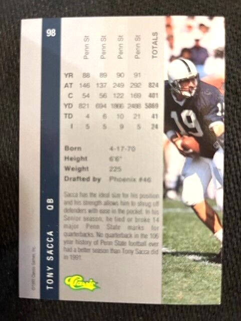 NFL - Tony Sacca 1992 Four Sport Classic Draft Picks Rookie Card | eBay