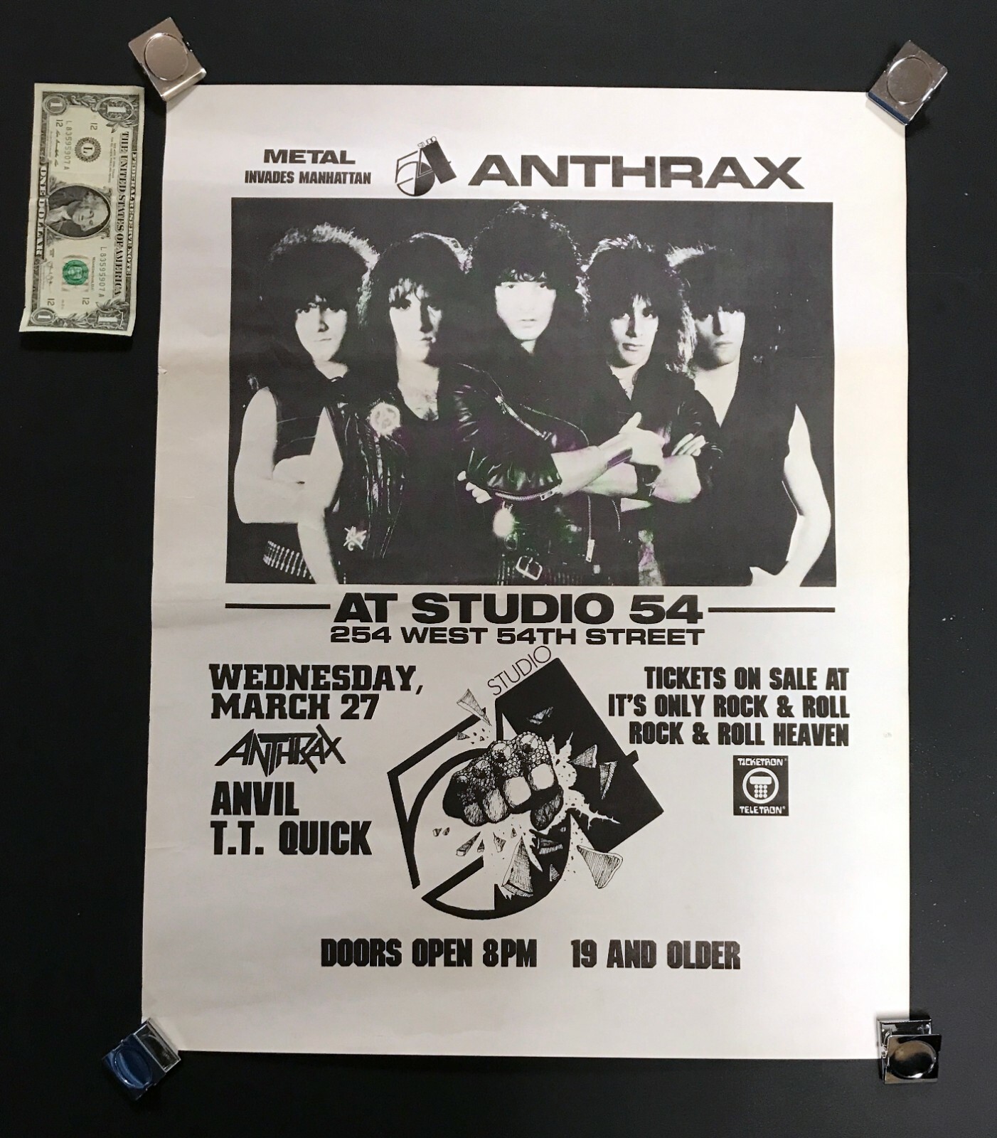 ANTHRAX Original 1985 STUDIO 54 Concert POSTER 17.5x22 Anvil TT Quick ...