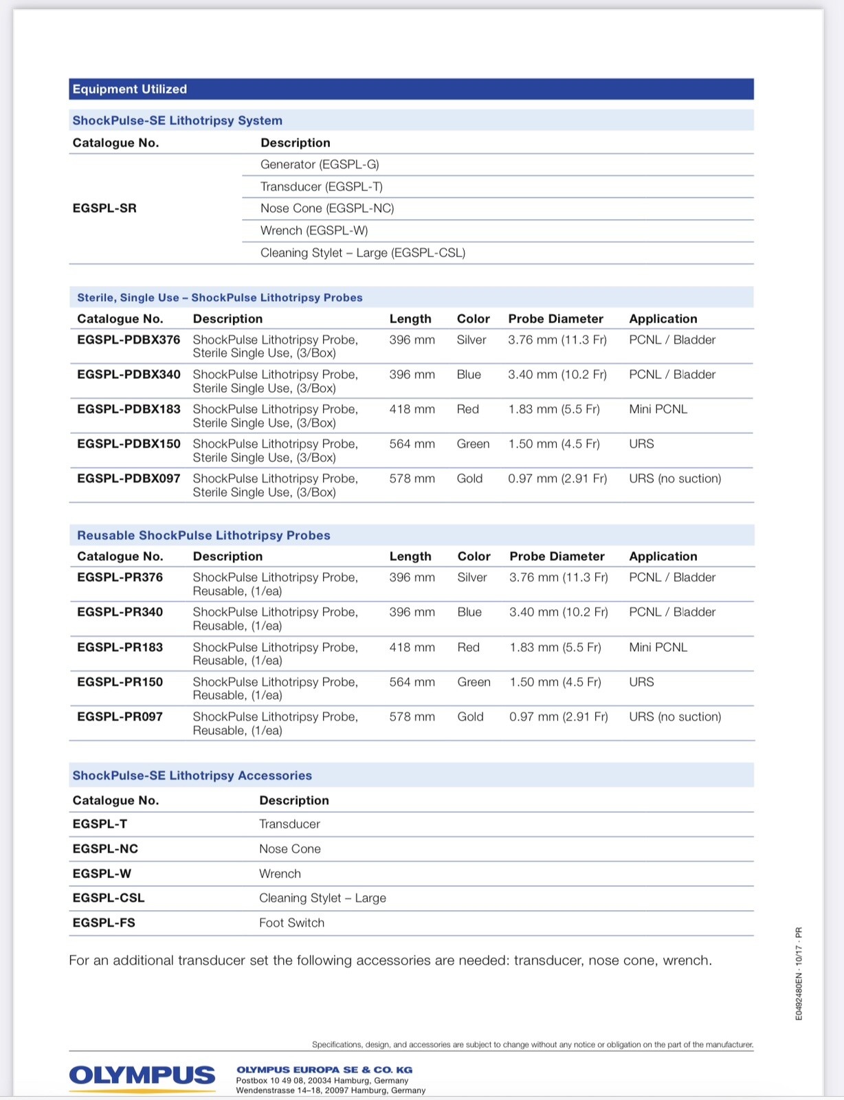 Olympus Shockpulse - SE Lithotripsy HandPiece Transducer SPL-T ( EGSPL ...