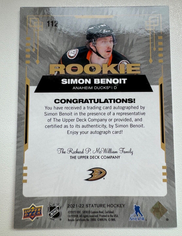 UD 2021-22 STATURE ROOKIE AUTO Simon BENOIT 41/49 | eBay
