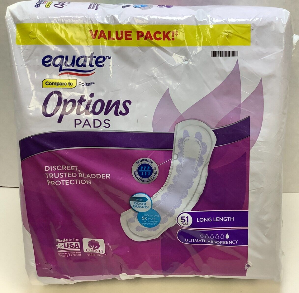 Equate Options Women's Pads, Long, Ultimate Absorbency, 51ct, Free ...