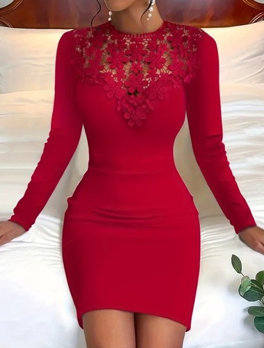Elegant Red Lace Bodycon Mini Dress with Long Sleeves size S back zip ...