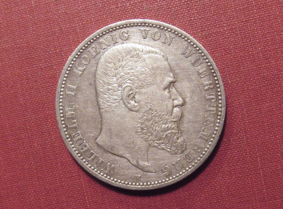 1895F WURTTEMBERG, GERMAN STATES 5 MARK - LARGE SILVER COIN, SOME ...