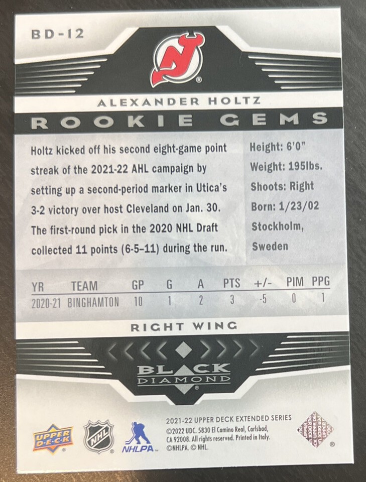 2021-22 Upper Deck 05-06 Black Diamond Retro Alexander Holtz Rookie Gem ...
