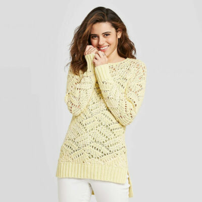 NEW Womens Universal Thread Open Stitch Crewneck Tunic Sweater Yellow ...