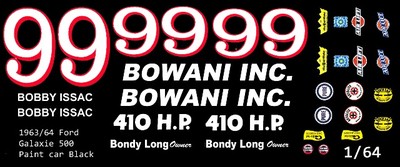 #99 Bobby Issac BOWANI Racing 1963 Ford 1/64th HO Scale Slot Car Decals ...