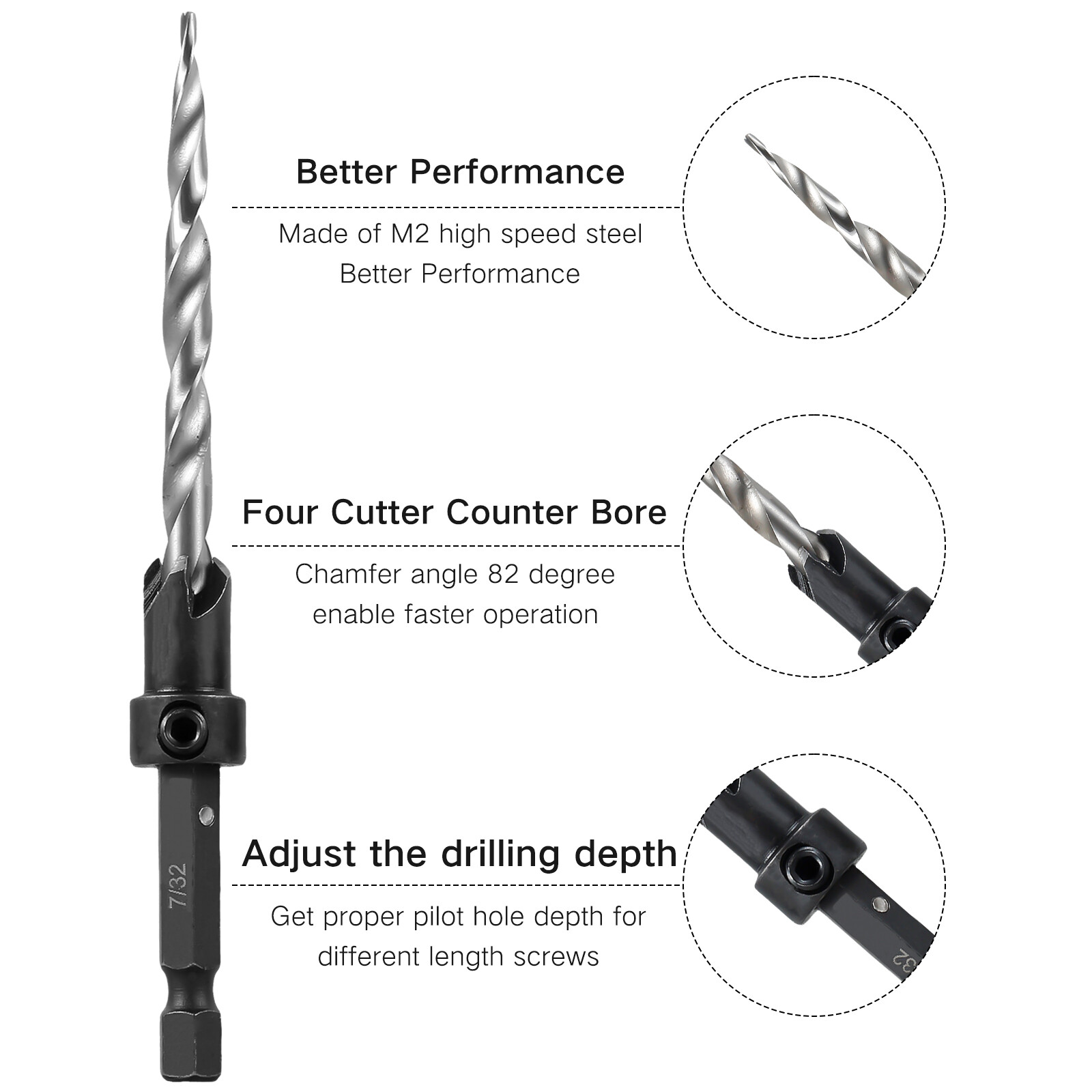 5Pcs Countersink Drill Bit Set 1/4" Hex Shank Screw Drill Counter Sink ...
