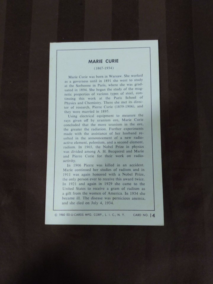 1960 ED-U Cards Marie Curie #14 The Book Of Knowledge Flash Cards *RARE ...
