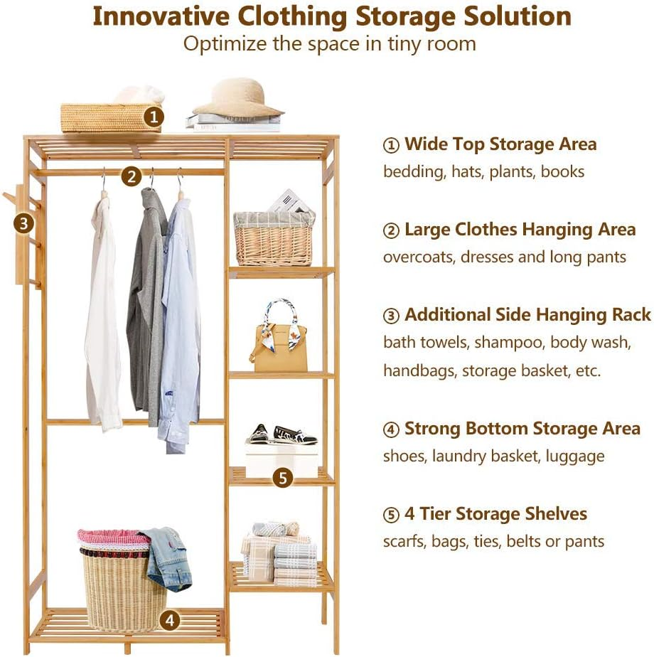 Bamboo Garment Rack 6 Tier Storage Shelves Hanging Rack with Side Hooks ...