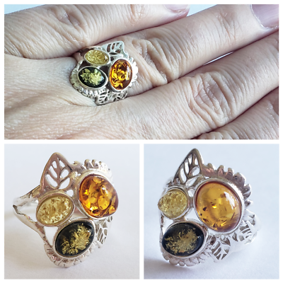 BALTIC AMBER 925 STERLING SILVER Ring Genuine Multicolor AMBER RING 2 ...