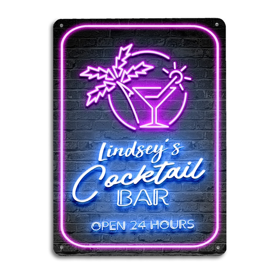 Personalised Cocktail Bar Sign - Pink & Blue Neon effect 80's A4 home ...
