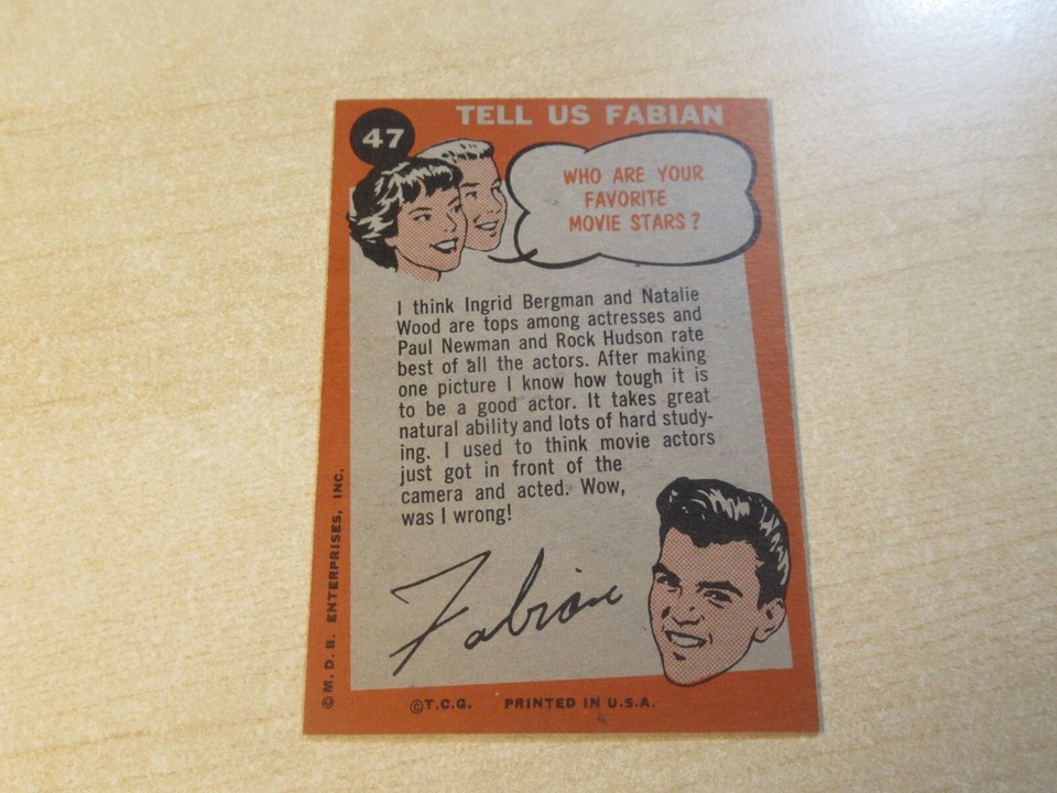 1959 TOPPS FABIAN QUICK NAP #47 50'S SINGER STAR HIGH GRADE CENTERED ...