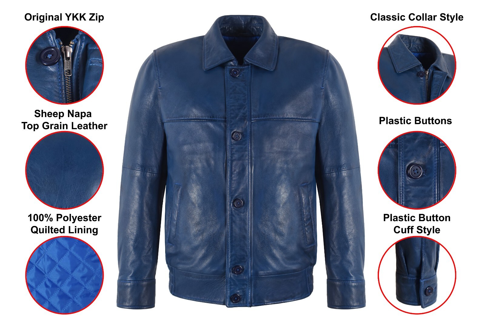 Mens Retro Style Jacket Blue Waxed Classic Collar Blouson Bomber Leather Jacket | eBay UK
