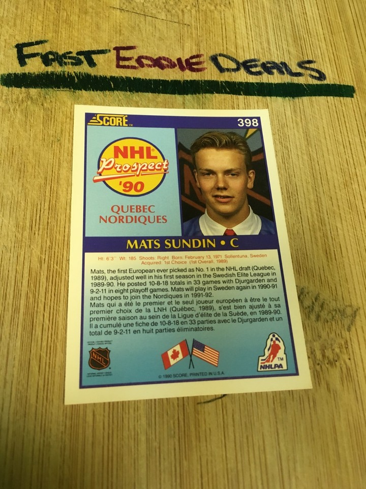SCORE HOCKEY 1990 MATS SUNDIN NHL PROSPECT ROOKIE CARD 398 QUEBEC ...