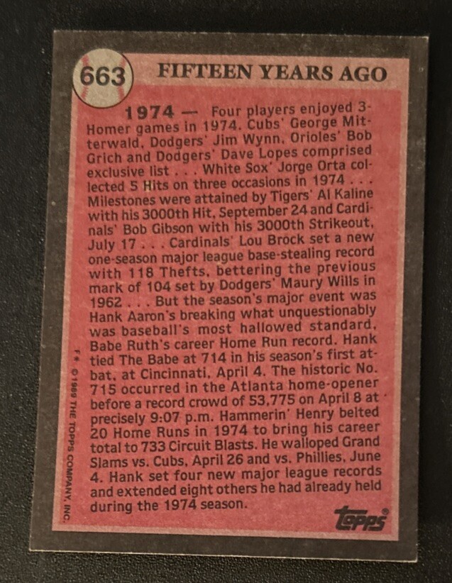1988 Topps Turn Back The Clock Hank Aaron Baseball Card #663 Braves HOF ...