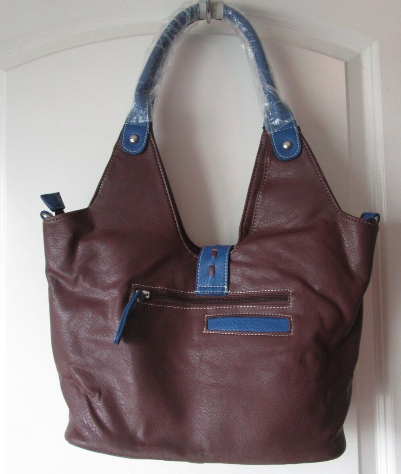 CHOCOLATE BROWN WITH DARK BLUE SHOULDER BAG - HANDBAG - TOTE WITH BLING ...