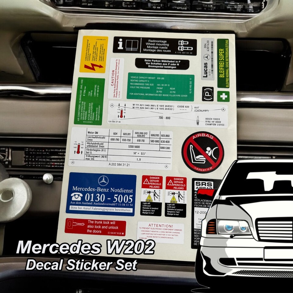 Mercedes Decal Sticker Label Set for W124 W126 W140 W203 W204 W210 W211 ...