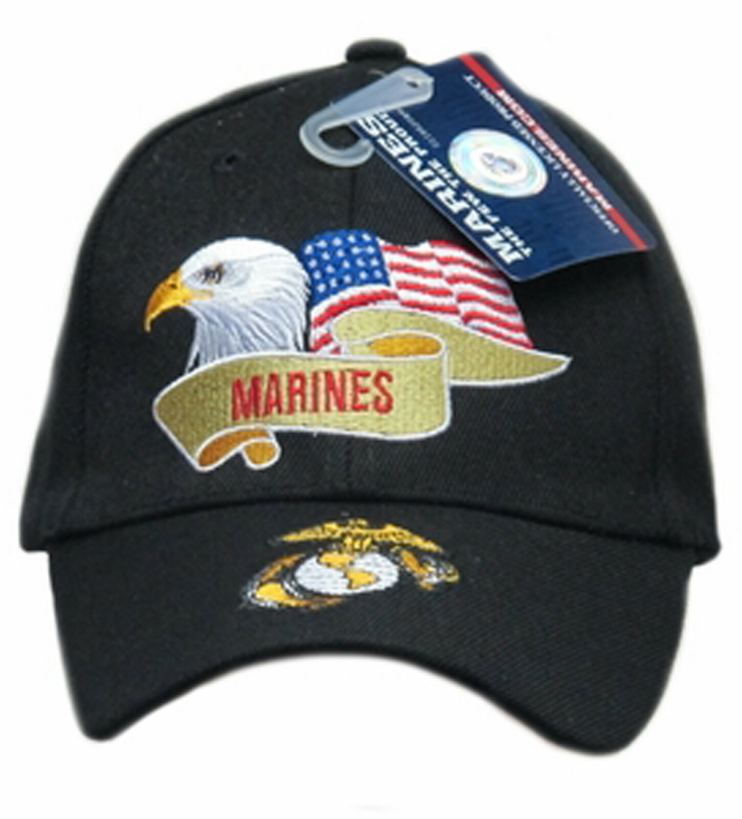 Marine Baseball Cap, Black Hat with Bald Eagle American Flag and Yellow ...