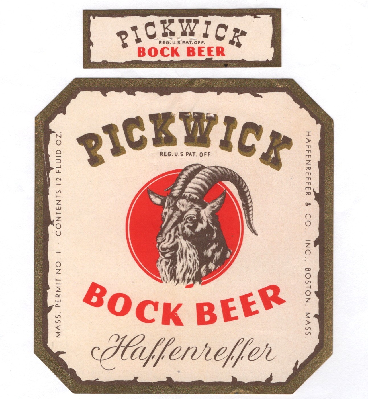 Pickwick Bock Beer Label, non IRTP, Haffenreffer, Boston, MA 12 oz w ...