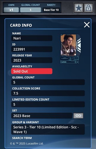 Star Wars Card Trader Nari Series 3 - Tier 10 Limited Edition - 5cc Digital | eBay
