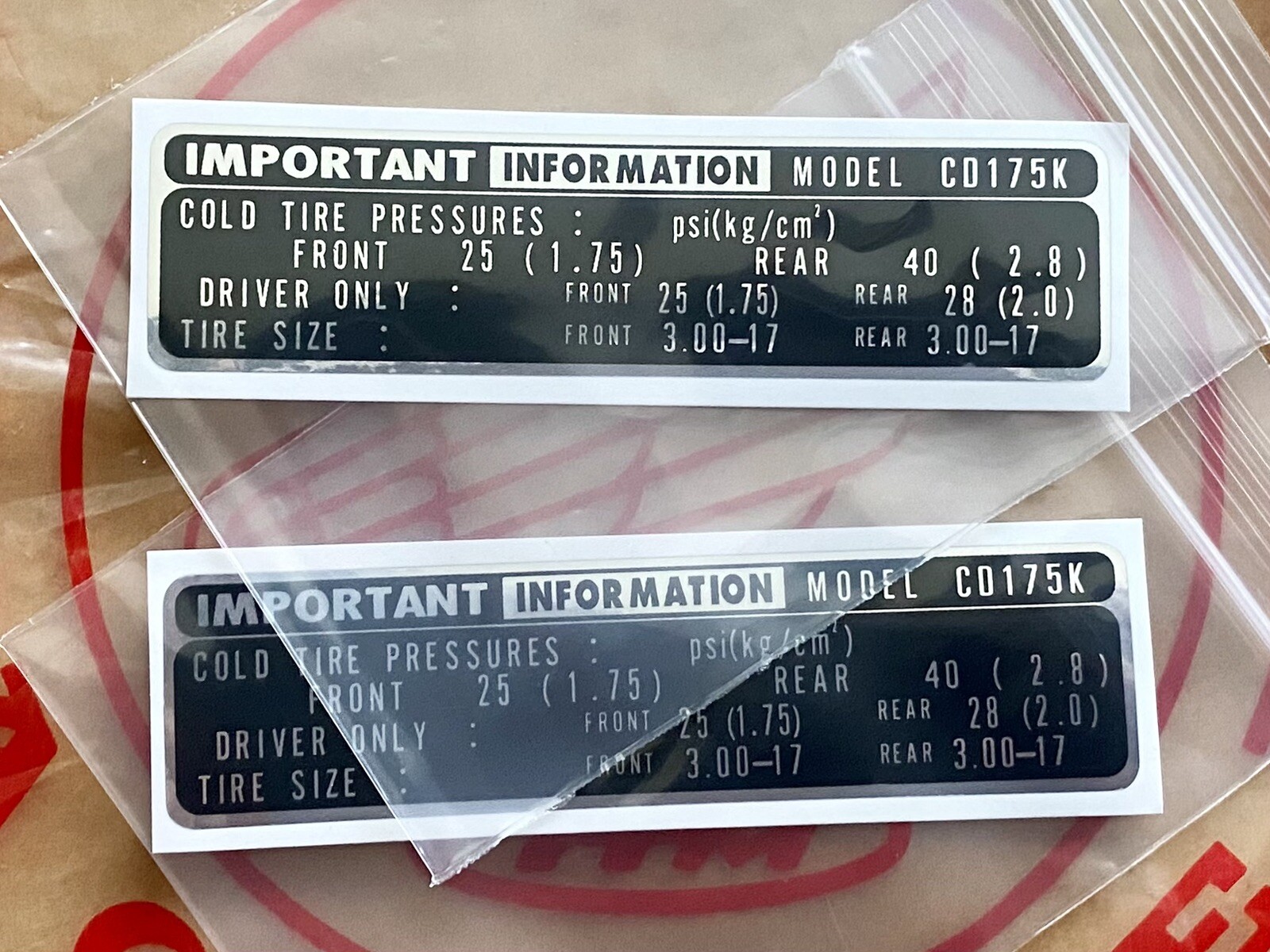 HONDA CD175 CD175K2 K3 CHAIN CASE DECAL STICKER MARK TIRE CAUTION x 2 ...